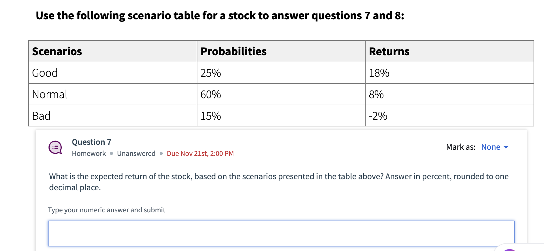 Solved Use the following scenario table for a stock to | Chegg.com