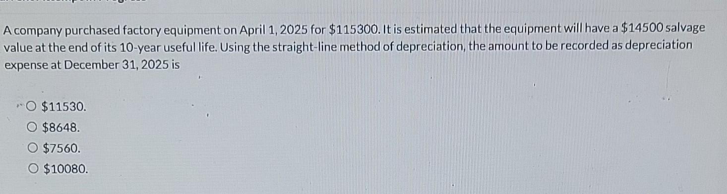 Solved A company purchased factory equipment on April 1, | Chegg.com