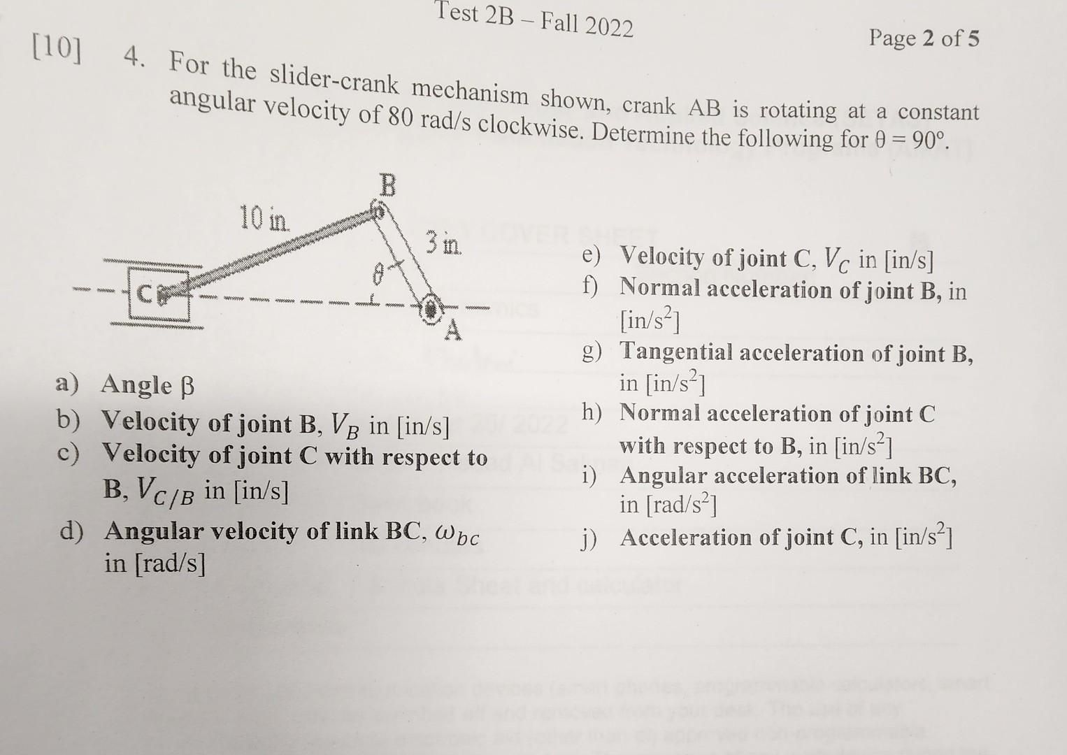 10] 4. For the slider-crank mechanism shown, crank AB | Chegg.com
