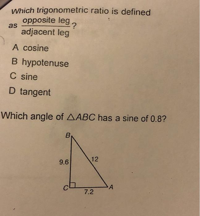 Solved Which trigonometric ratio is defined opposite leg? | Chegg.com