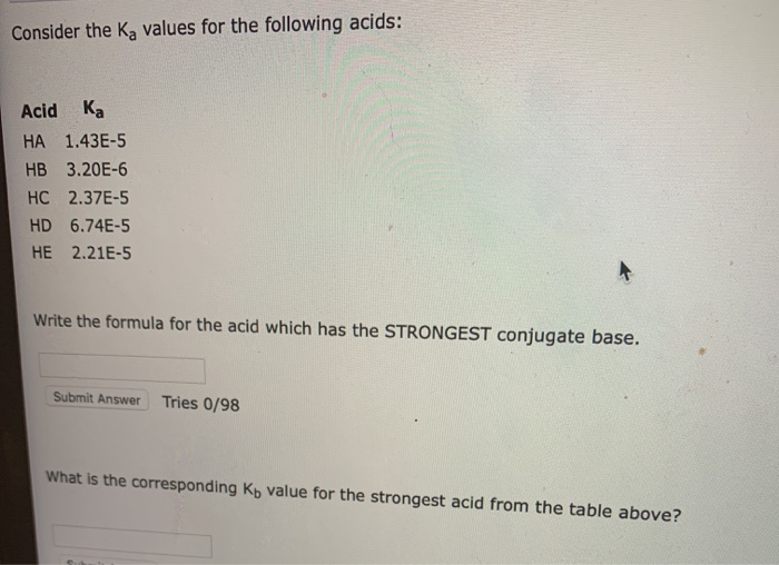 Solved Consider the Ka values for the following acids: Acid | Chegg.com