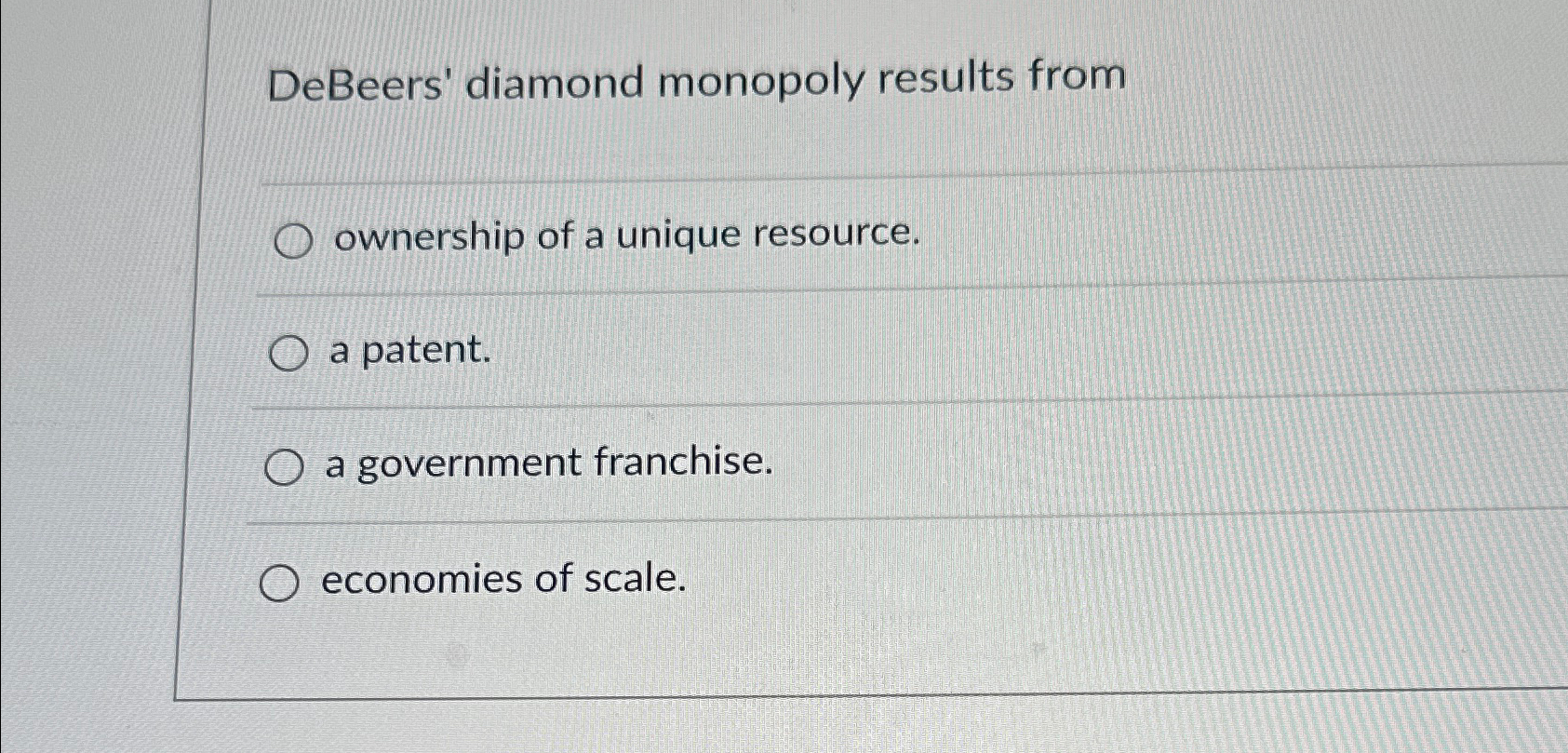 Solved DeBeers' diamond monopoly results fromownership of a | Chegg.com