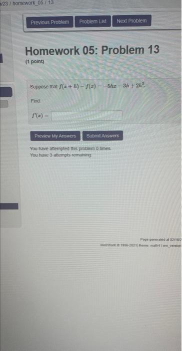Solved Homework 05: Problem 13 (1 point) Suppose that | Chegg.com