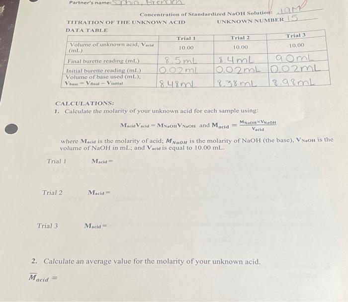 Solved TITRATION OF THE UNKNOWN ACID dized NaOH Solution: | Chegg.com