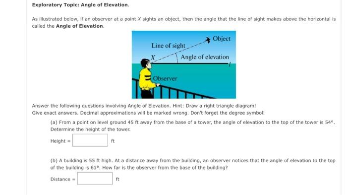 Solved Exploratory Topic: Angle of Elevation. As illustrated | Chegg.com