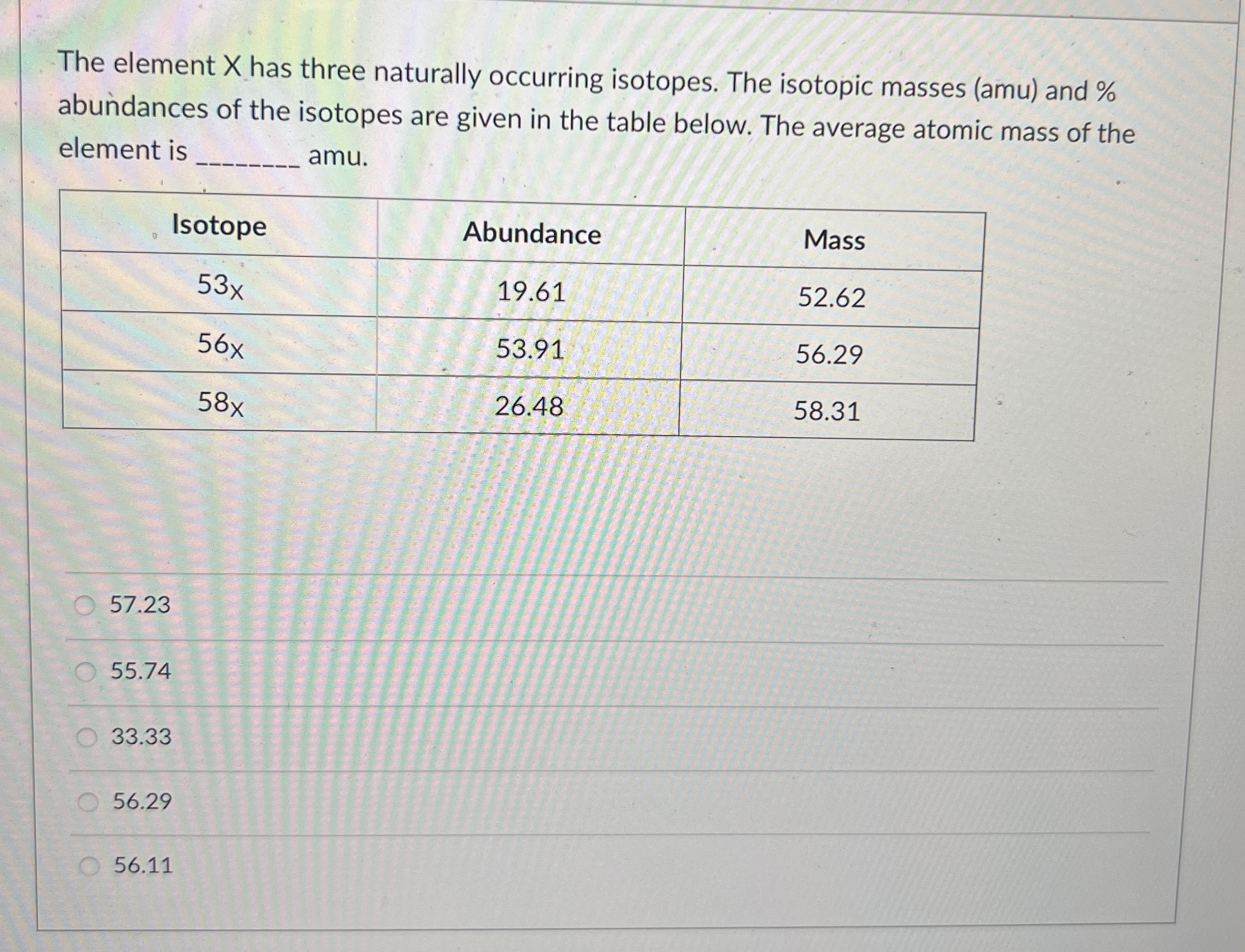 Solved The element X has three naturally occurring isotopes. | Chegg.com