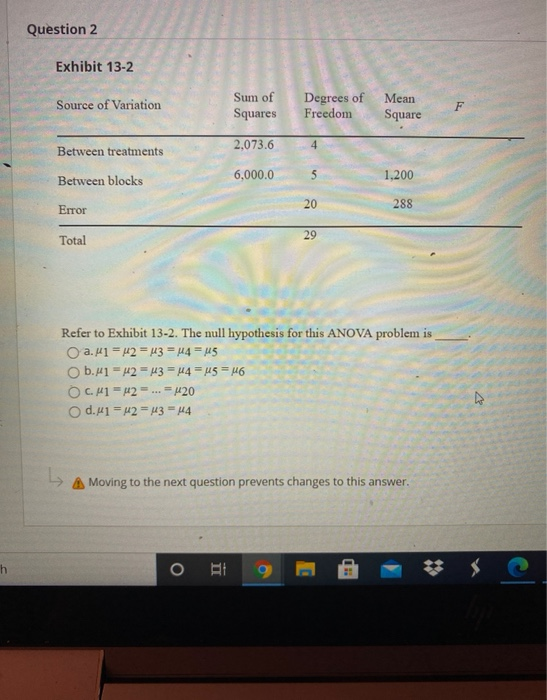 Solved Question 2 Exhibit 13-2 Source of Variation Sum of | Chegg.com