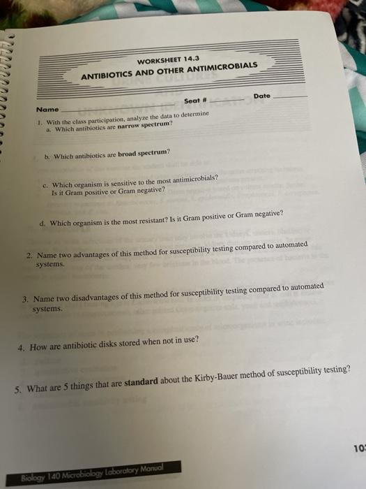 Solved WORKSHEET 14.3 ANTIBIOTICS AND OTHER ANTIMICROBIALS | Chegg.com