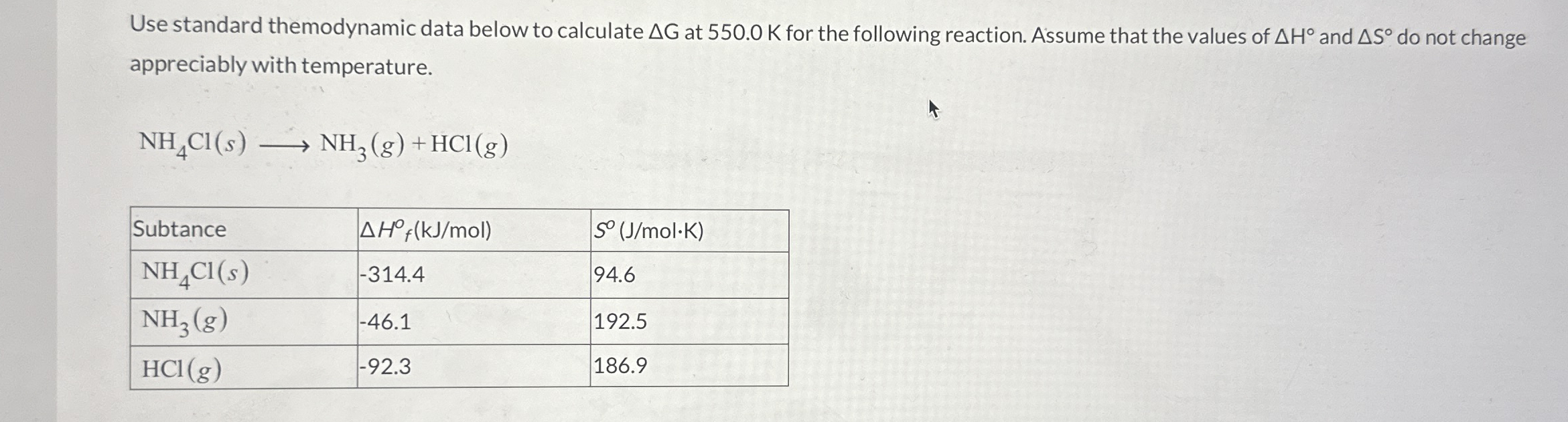 Solved Use standard themodynamic data below to calculate ΔG | Chegg.com