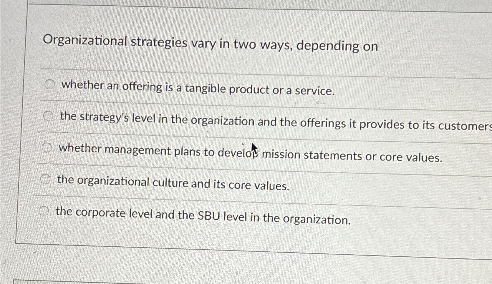 Solved Organizational strategies vary in two ways, depending | Chegg.com