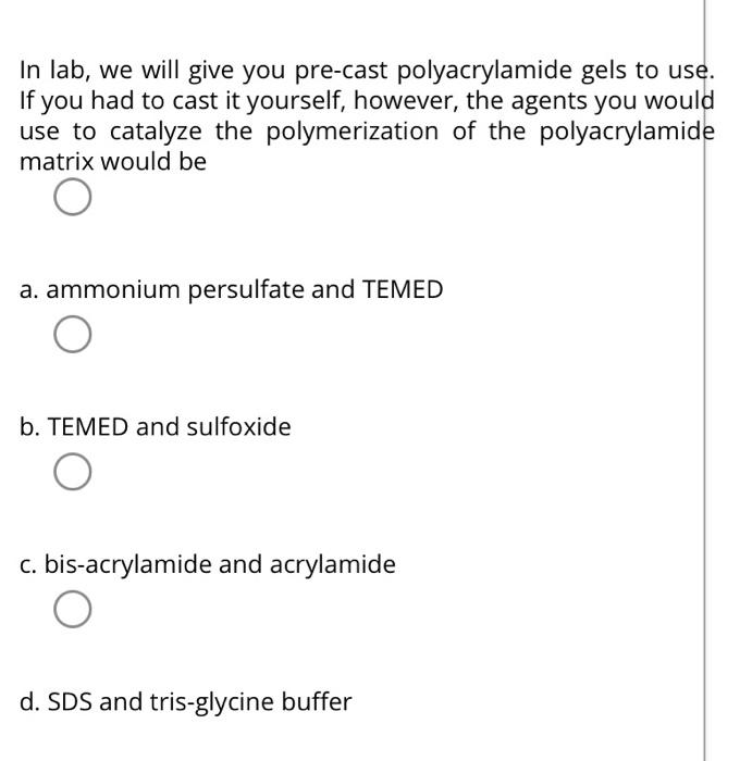 Solved In lab, we will give you pre-cast polyacrylamide gels | Chegg.com