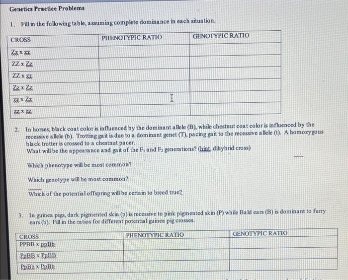 Solved Genetics Practice Problems 1. Fill in the following | Chegg.com