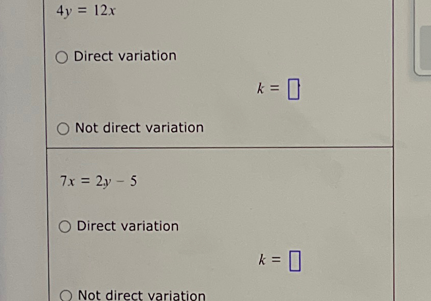 Solved 4y=12xDirect variationk=Not direct | Chegg.com