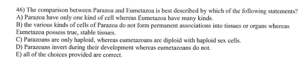 Solved The comparison between Parazoa and Eumetazoa is best | Chegg.com