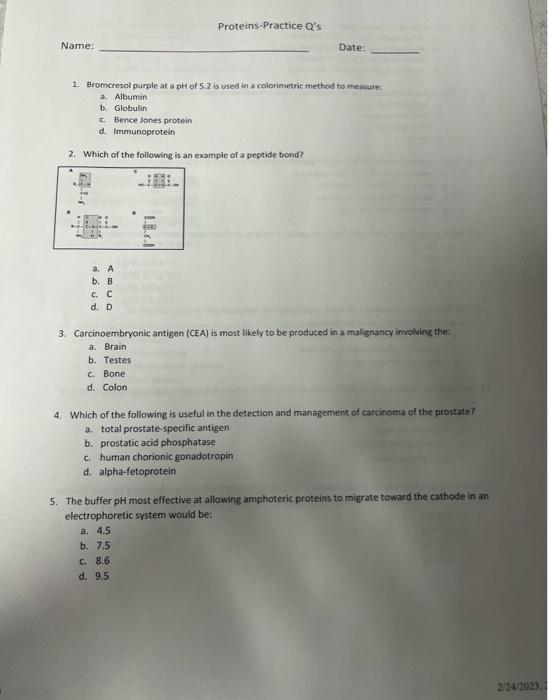Solved Proteins-Practice Q's Name: Date: 1. Bromcresol | Chegg.com