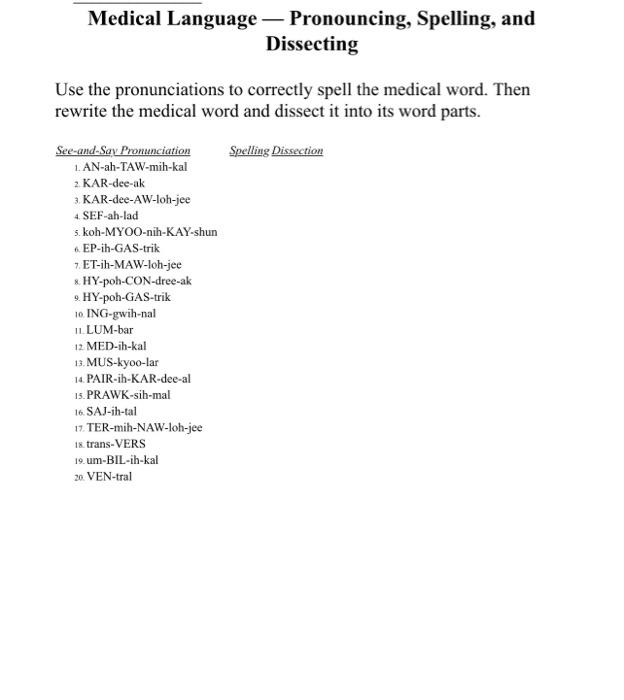 Solved Medical Language — Pronouncing, Spelling, and | Chegg.com