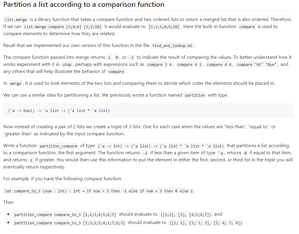 Partition a list according to a comparison function | Chegg.com