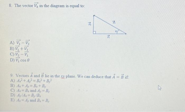 Solved 8. The vector V3 in the diagram is equal to: A) V1−V2 | Chegg.com