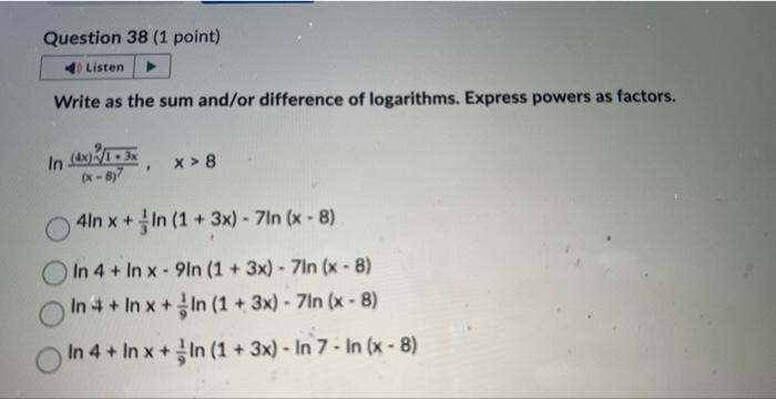Solved Write as the sum and/or difference of logarithms. | Chegg.com