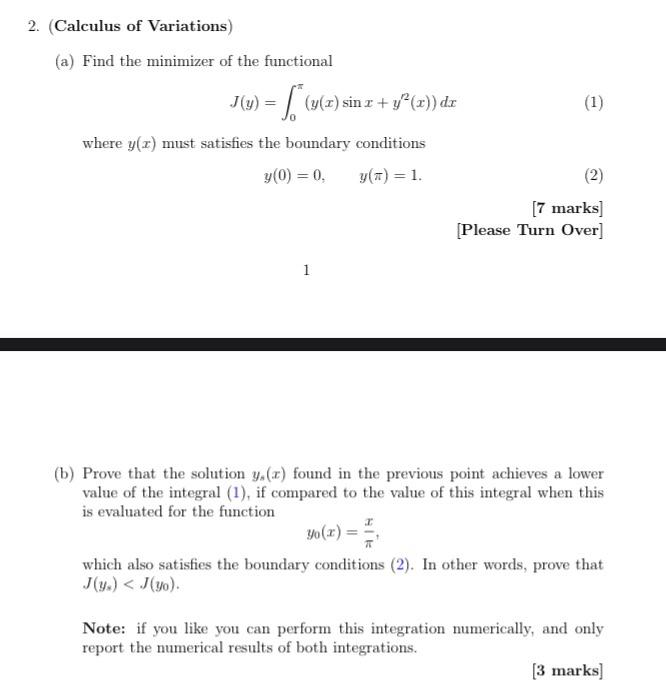 Solved 2. (Calculus of Variations) (a) Find the minimizer of | Chegg.com