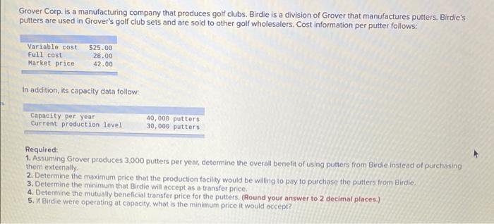 Solved Grover Corp. is a manufacturing company that produces | Chegg.com