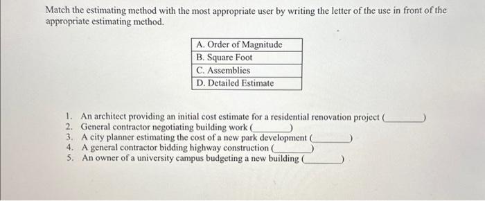 Match the estimating method with the most appropriate | Chegg.com