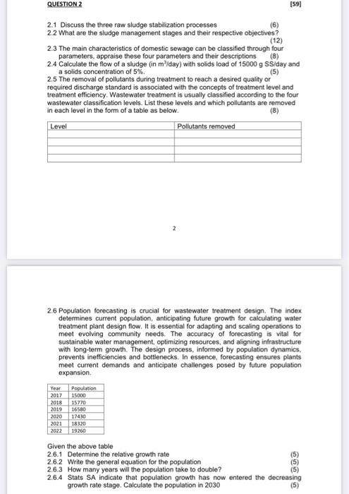 Solved QUESTION 2 [59] 2.1 Discuss the three raw sludge | Chegg.com