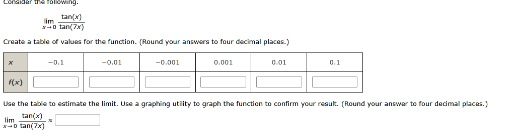 Solved Consider the following.limx→0tan(x)tan(7x)Create a | Chegg.com