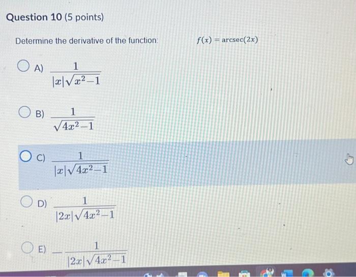 Solved Question 10 (5 points) Determine the derivative of | Chegg.com