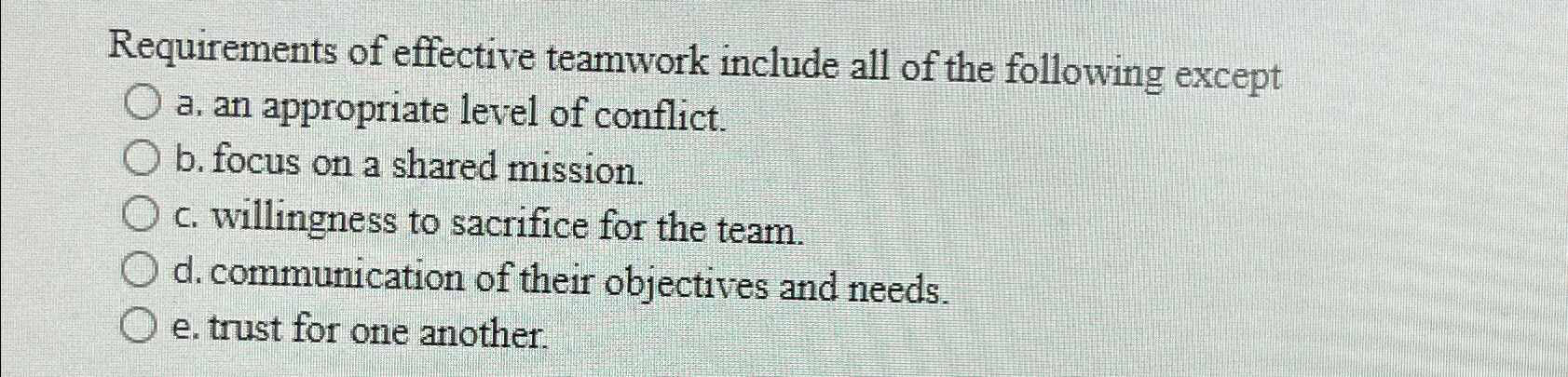 Solved Requirements of effective teamwork include all of the | Chegg.com