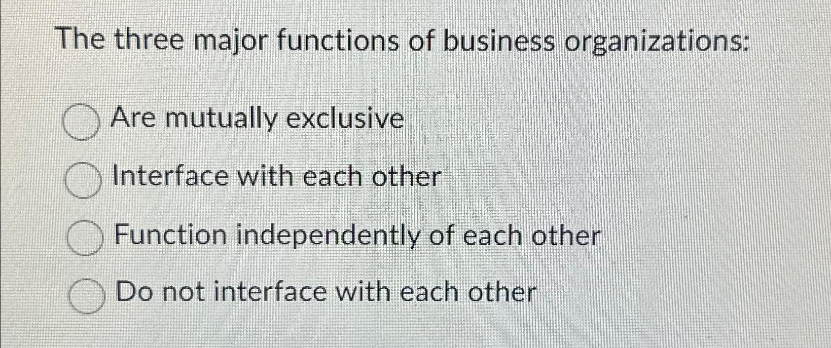 Solved The three major functions of business | Chegg.com