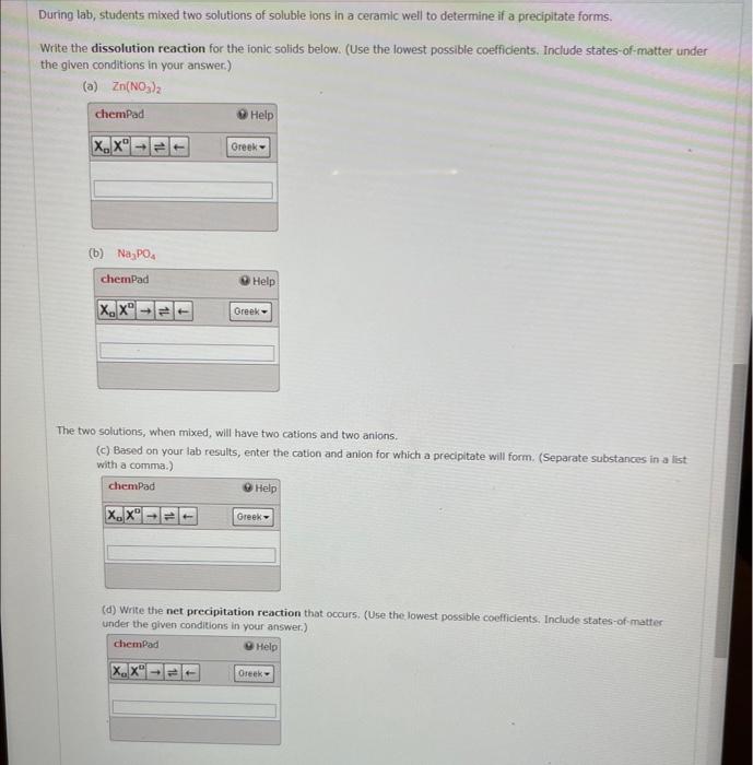Solved During lab, students mixed two solutions of soluble | Chegg.com