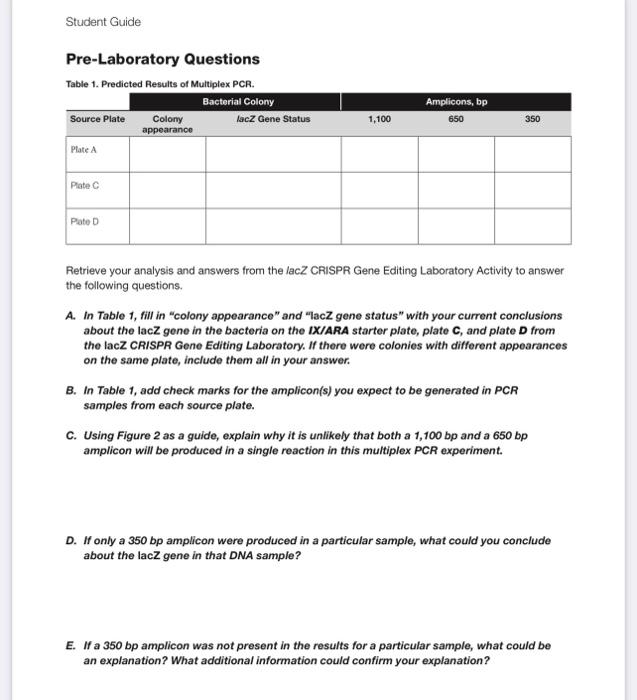 Pre-Laboratory Questions Table 1. Predicted Results | Chegg.com