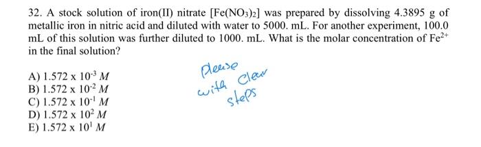 Solved 32. A stock solution of iron(II) nitrate [Fe(NO3)2] | Chegg.com