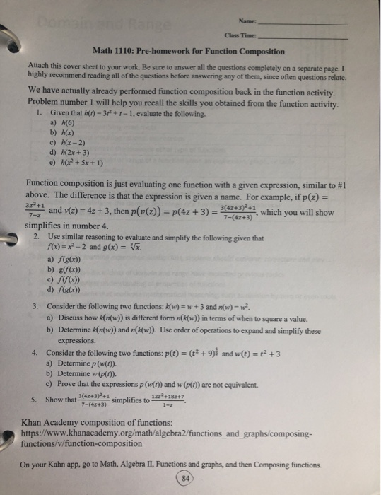 Solved Name Class Time Math 1110 Pre Homework For
