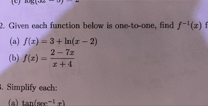 Solved Given each function below is one-to-one, find f−1(x) | Chegg.com