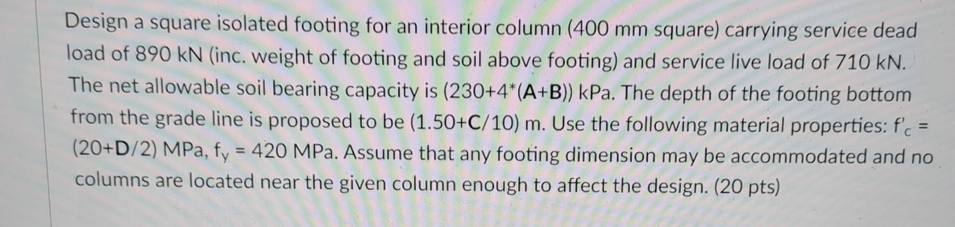 Solved Design a square isolated footing for an interior | Chegg.com