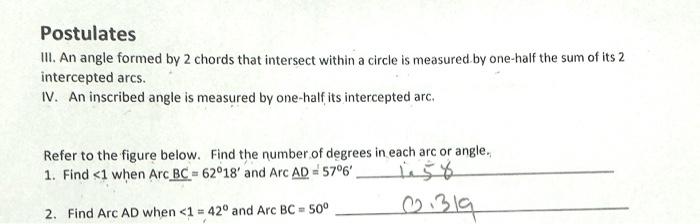 Postulates III. An angle formed by 2 chords that | Chegg.com
