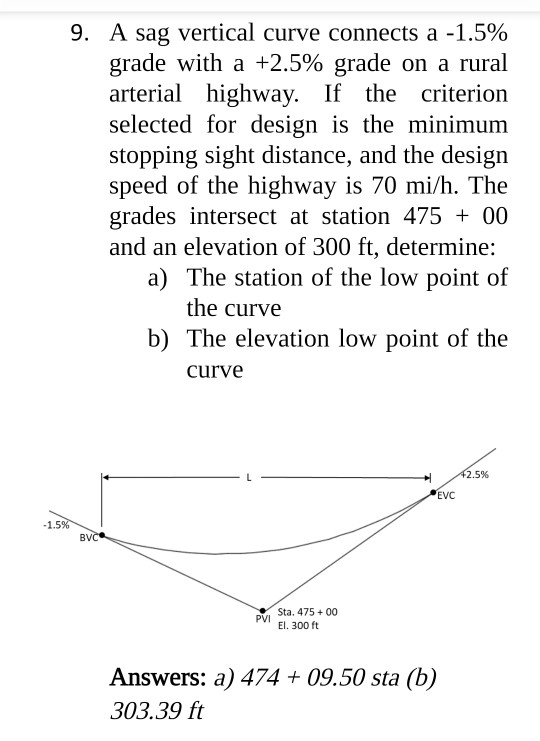 Solved 9. A sag vertical curve connects a -1.5% grade with a | Chegg.com