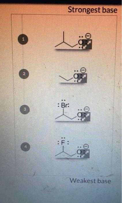 Solved Strongest base 1 w 2 O. : Br: : Weakest base | Chegg.com