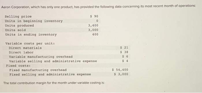 Solved Aaron Corporation, which has only one product, has | Chegg.com