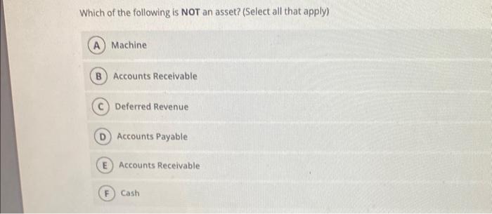Solved Which of the following is NOT an asset? (Select all | Chegg.com