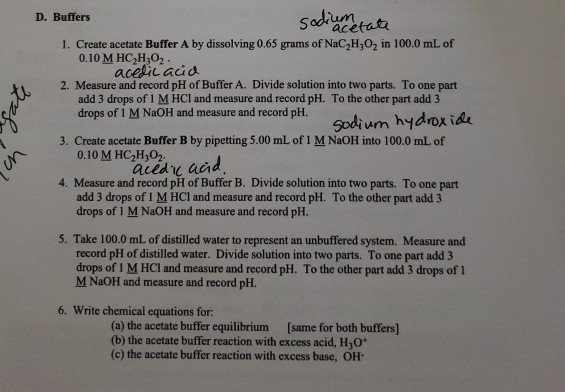 Solved D. Buffers sodium metate 1. Create acetate Buffer A | Chegg.com