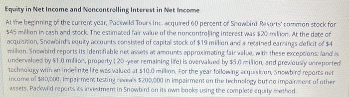 Equity in Net Income and Noncontrolling Interest in | Chegg.com