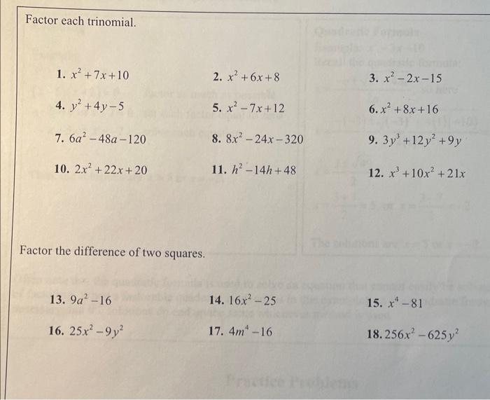 Solved Factor each trinomial. 1. x2+7x+10 2. x2+6x+8 3. | Chegg.com