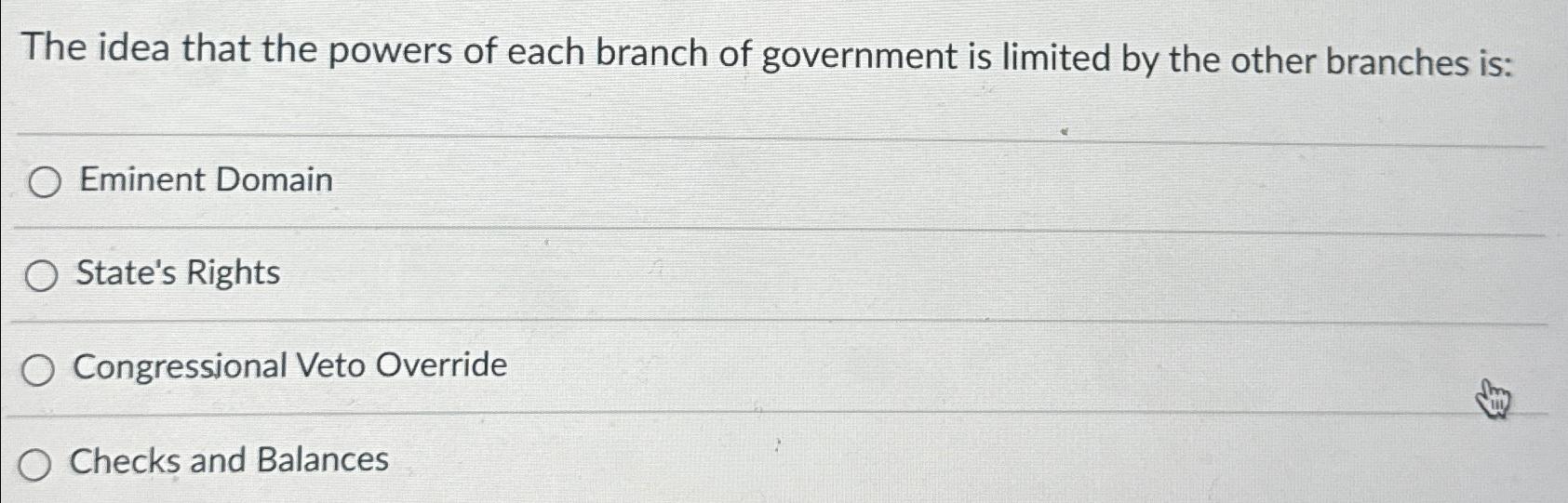 Solved The idea that the powers of each branch of government | Chegg.com
