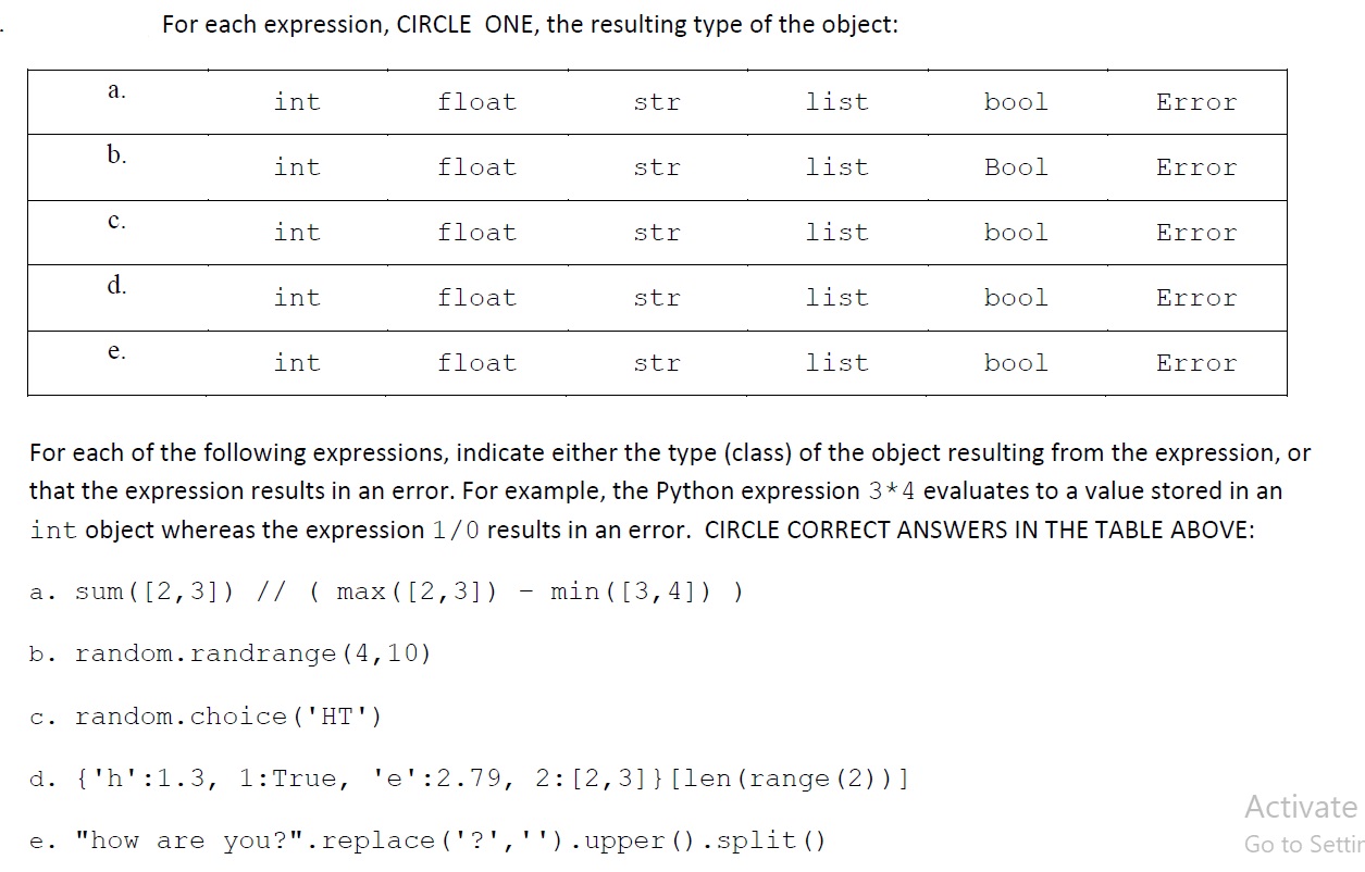 Solved For each expression, CIRCLE ONE, the resulting type | Chegg.com