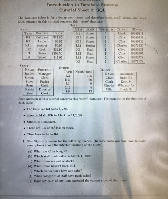 Solved Introduction to Database Systems Tutorial Sheet 2: | Chegg.com