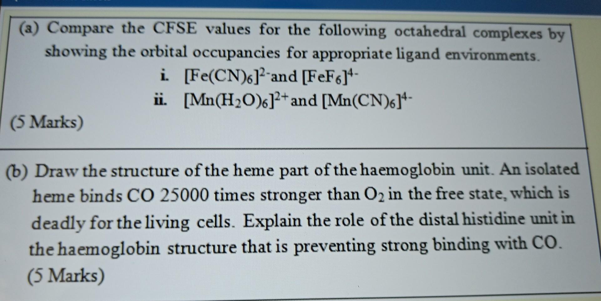Solved (a) Compare the CFSE values for the following | Chegg.com