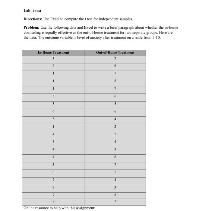 Solved Lab T Test Directions Use Excel To Compute The T 4821